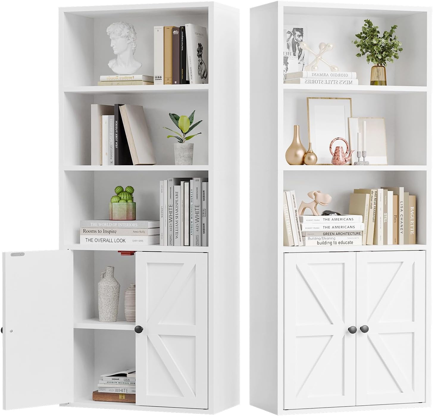 6 Tier Bookshelves and Bookcase with Doors Double Wide Floor Standing ...