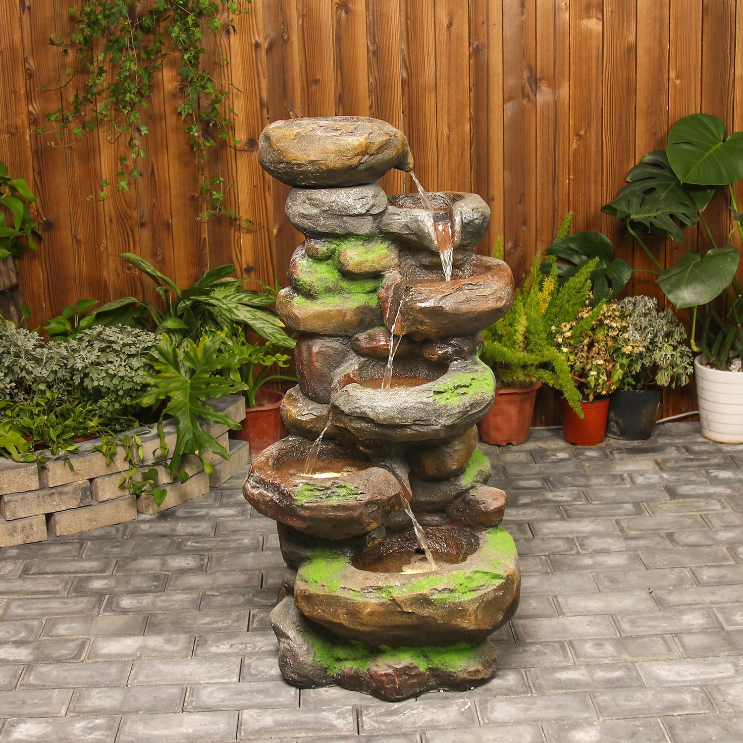 6-Tier Cascading Rock Fountain with LED Lighting for Garden, Patio, and ...