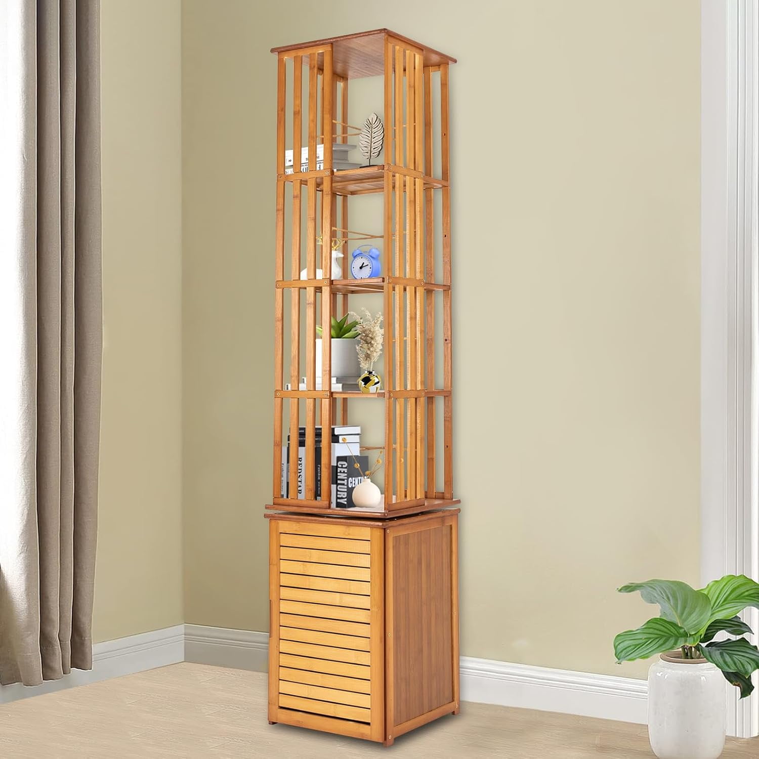 6-Tier Corner Bamboo Book Shelf, 360° Rotating Bookshelf Rectangular ...