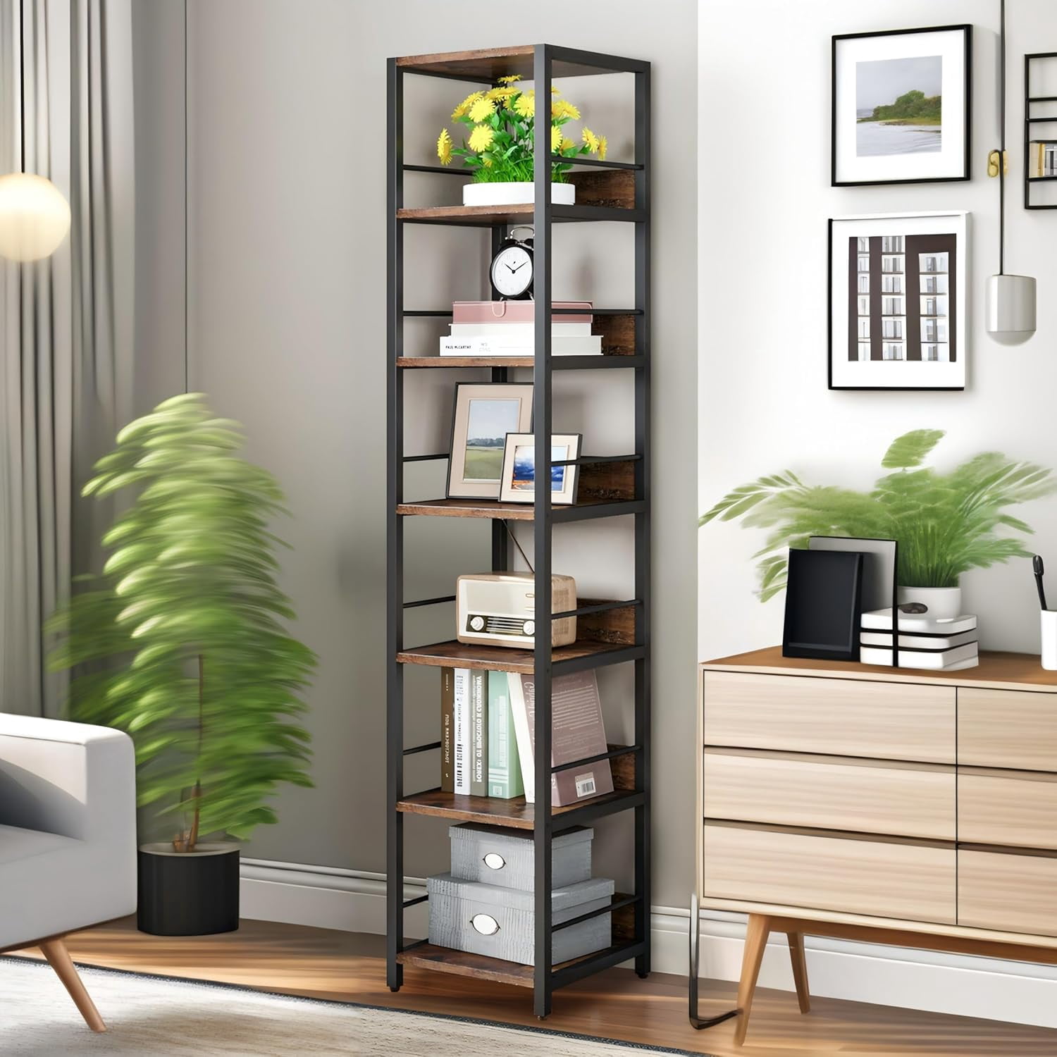 6-Tier Corner Bookcase 75 Inch Tall Narrow Bookshelf Modern Corner ...