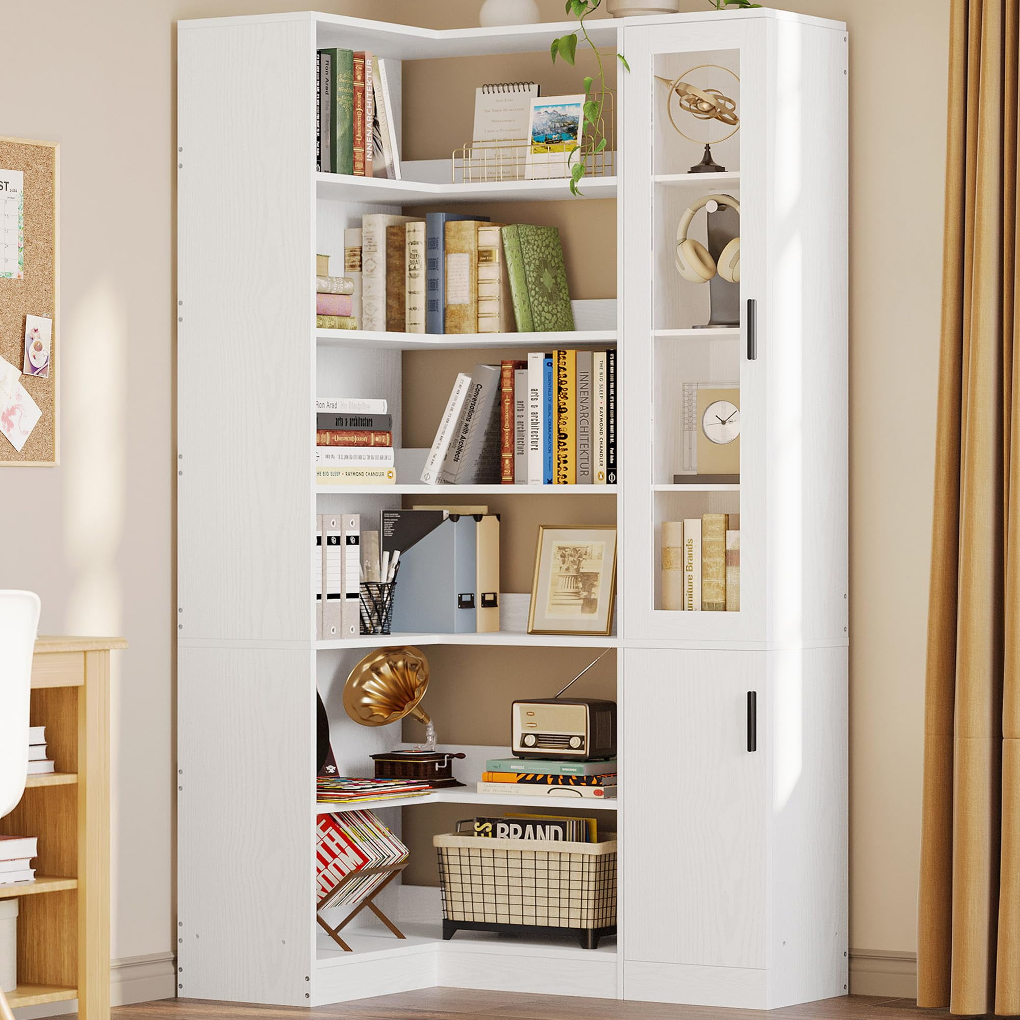 6 Tier Corner Bookshelf, L Shaped Storage Cabinet with Transparent ...