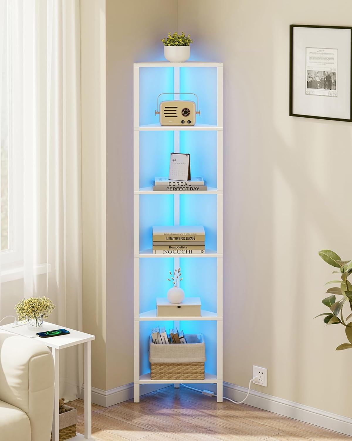 6-Tier Corner Bookshelf with LED Light,Corner Shelf for Small Space ...