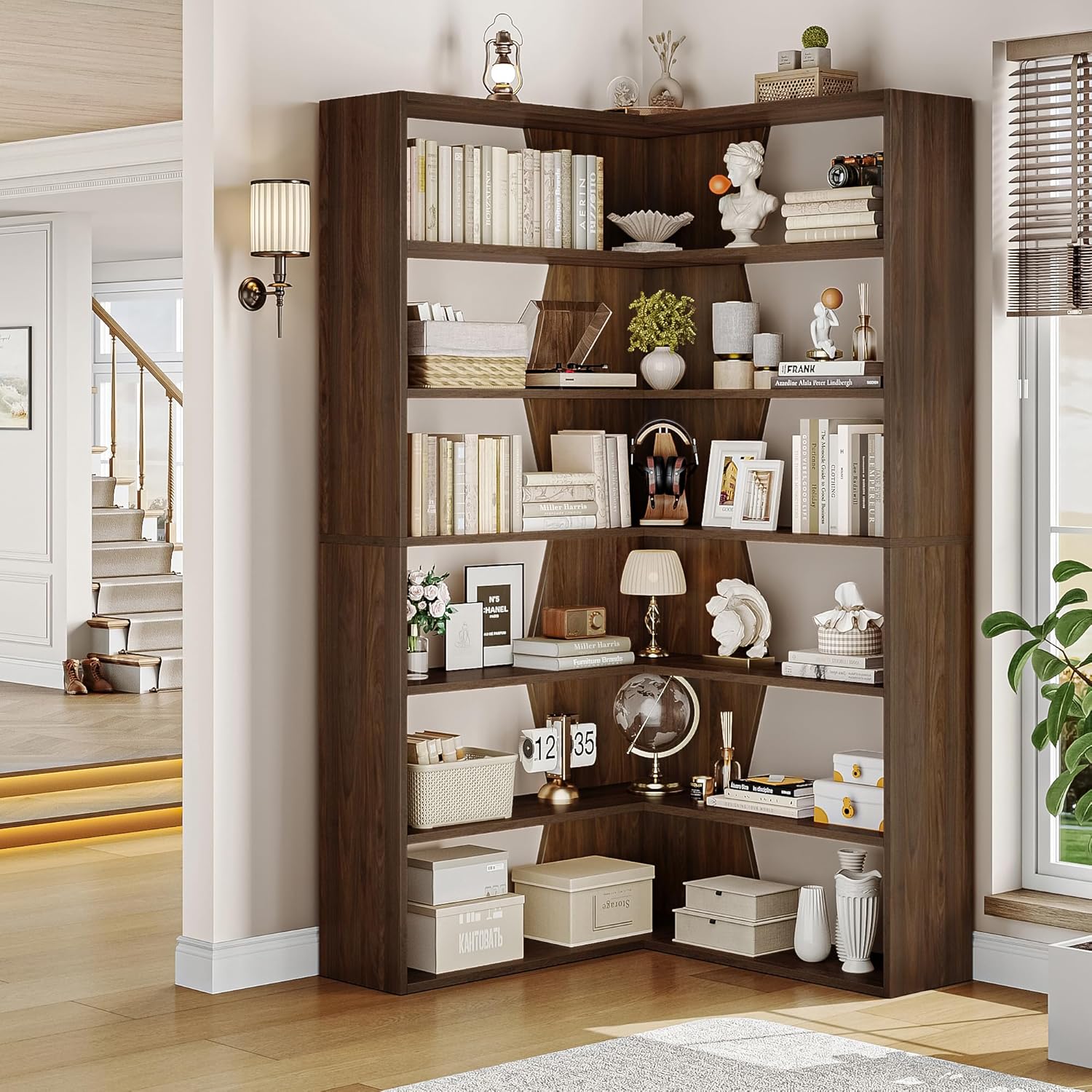 6-Tier Corner Bookshelf, Modern Bookshelf and Bookcase, Tall Bookcase ...