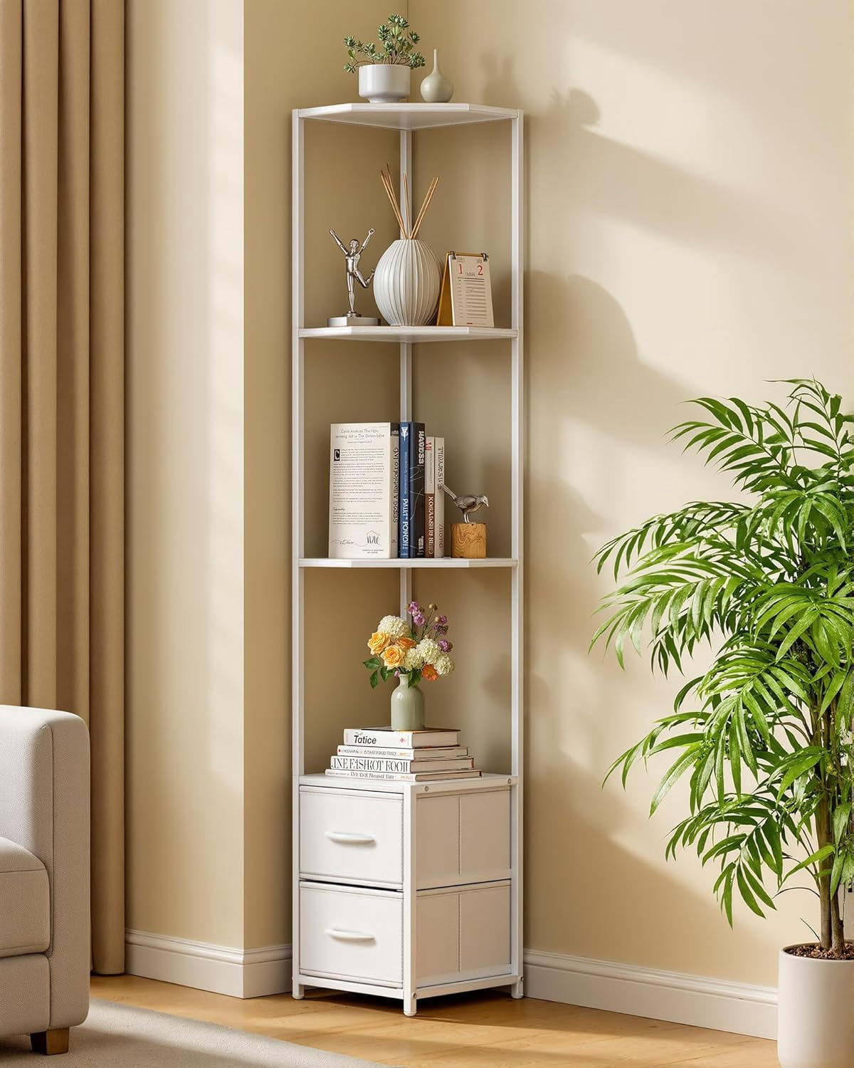 6-Tier Corner Bookshelf with Fabric Drawers, Freestanding Storage Shelf ...