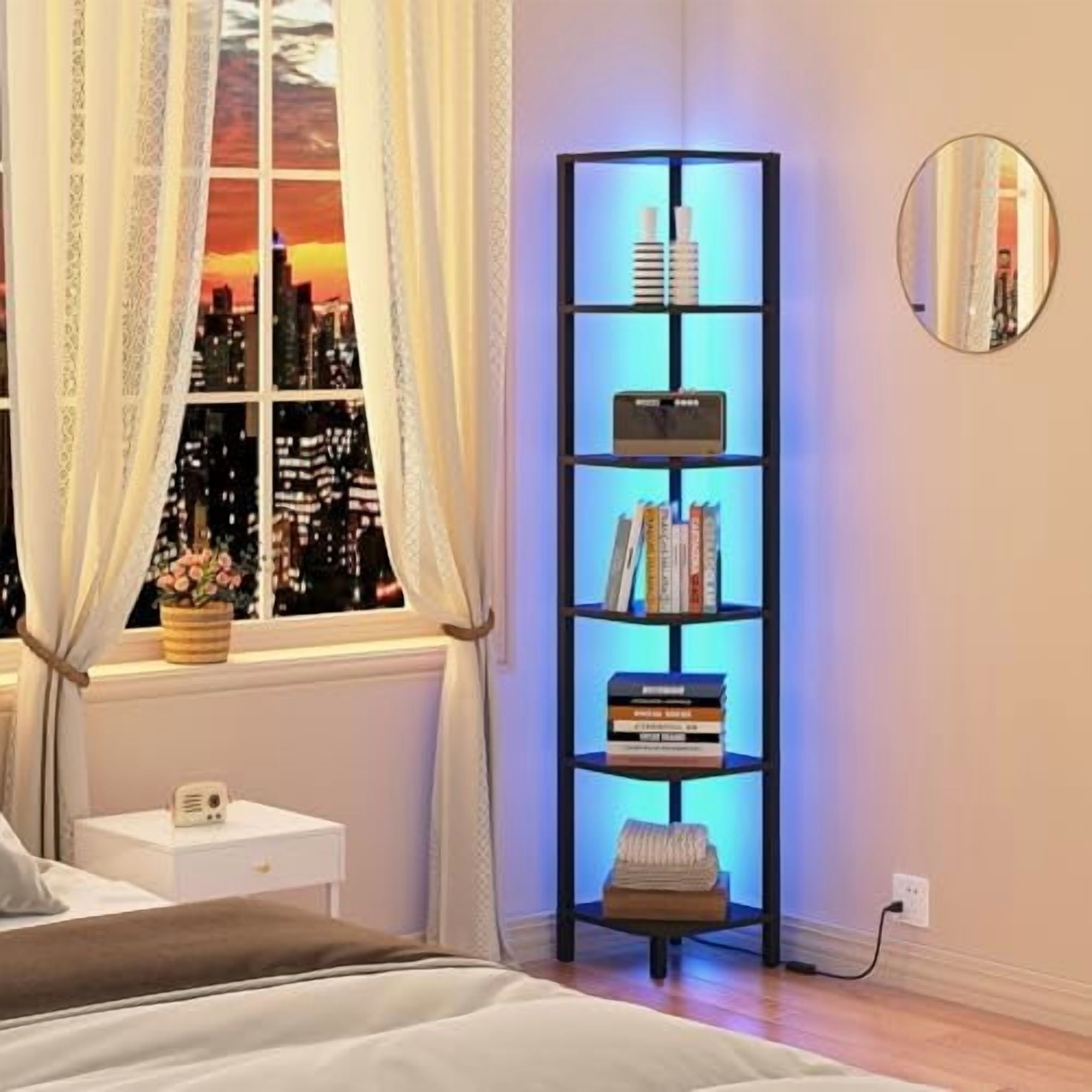6-Tier Corner Bookshelf with LED Light,Corner Shelf for Small Space ...