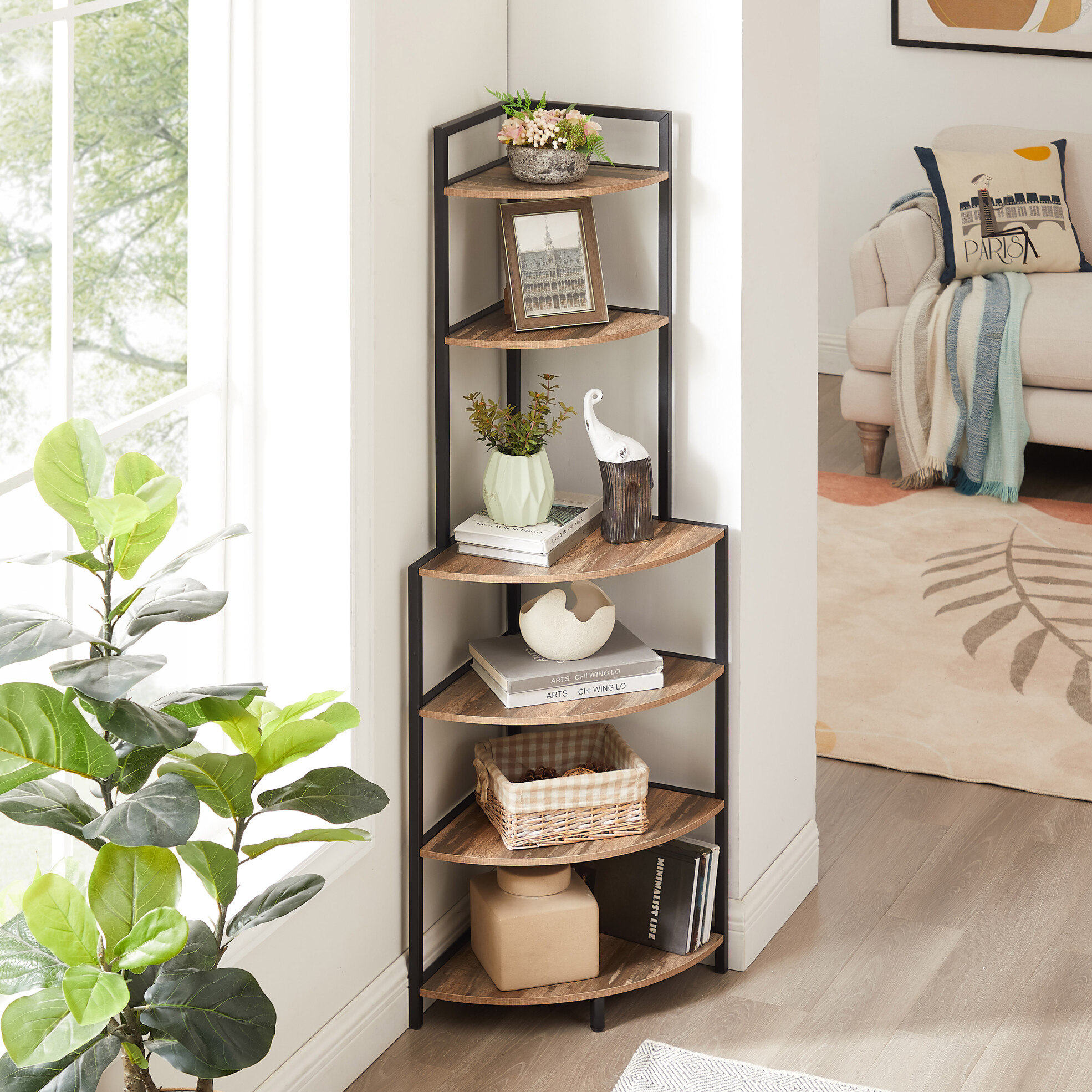 6-Tier Corner Open Shelf, Freestanding Wood Rack with Shelving Unit ...