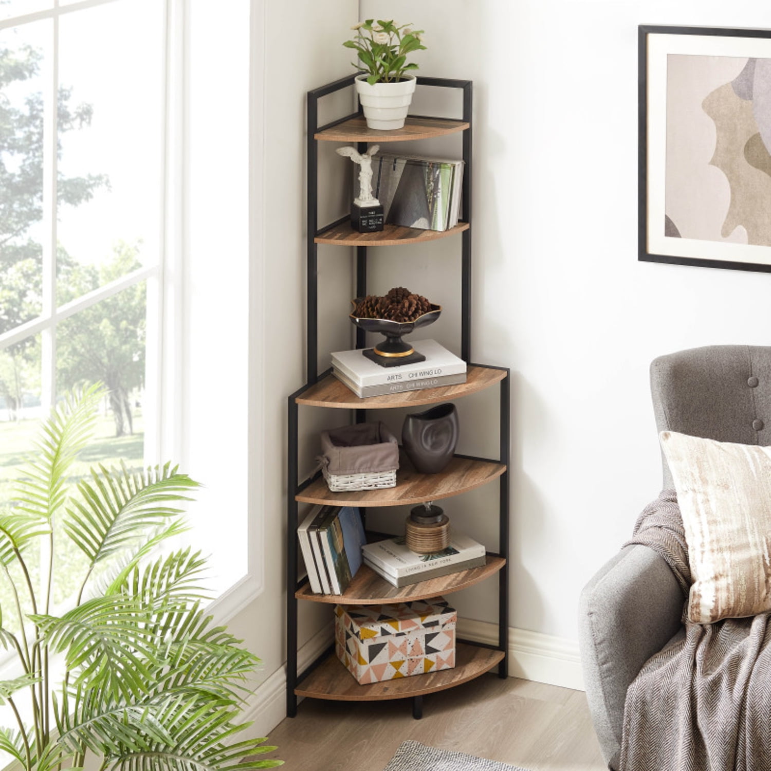 6-Tier Corner Open Shelf Modern Bookcase Wood Rack Freestanding Sheing ...