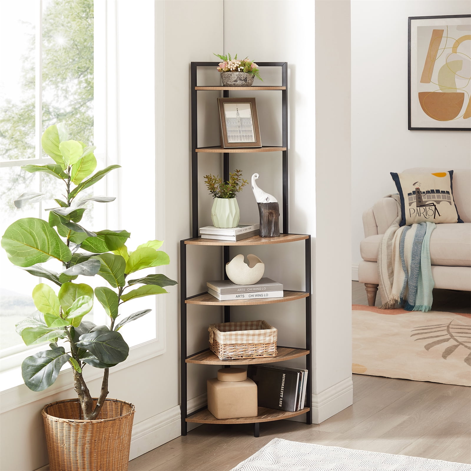 6-Tier Corner Open Shelf, Modern Narrow Bookcase Storage Rack ...