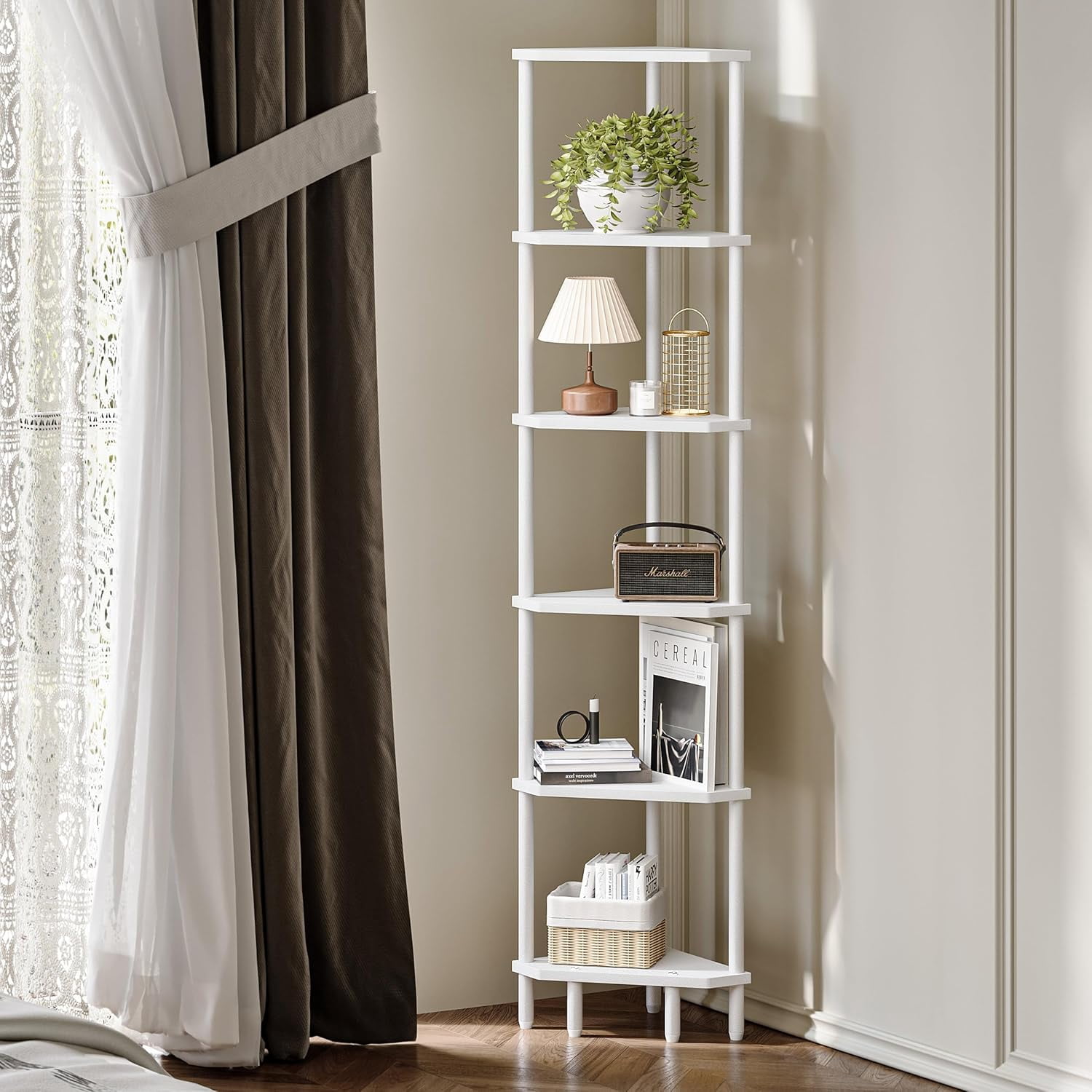 6 Tier Corner Shelf, 66.5'' Tall Standing Shelf, Narrow Display Shelf ...