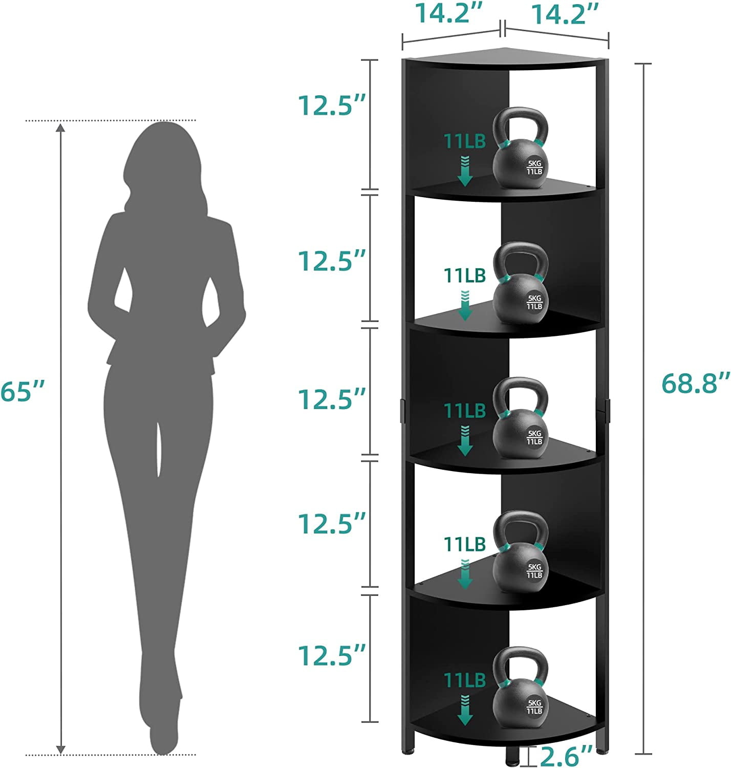 6-Tier Corner Shelf, 68.8" Tall Modern Free Standing Zigzag Corner ...