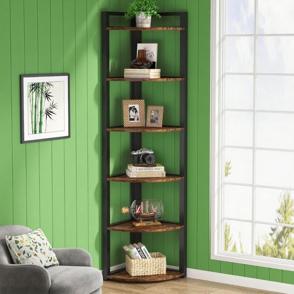6-Tier Corner Shelf Bookcase Storage Cabinet Sturdy Metal Frame & Thick ...