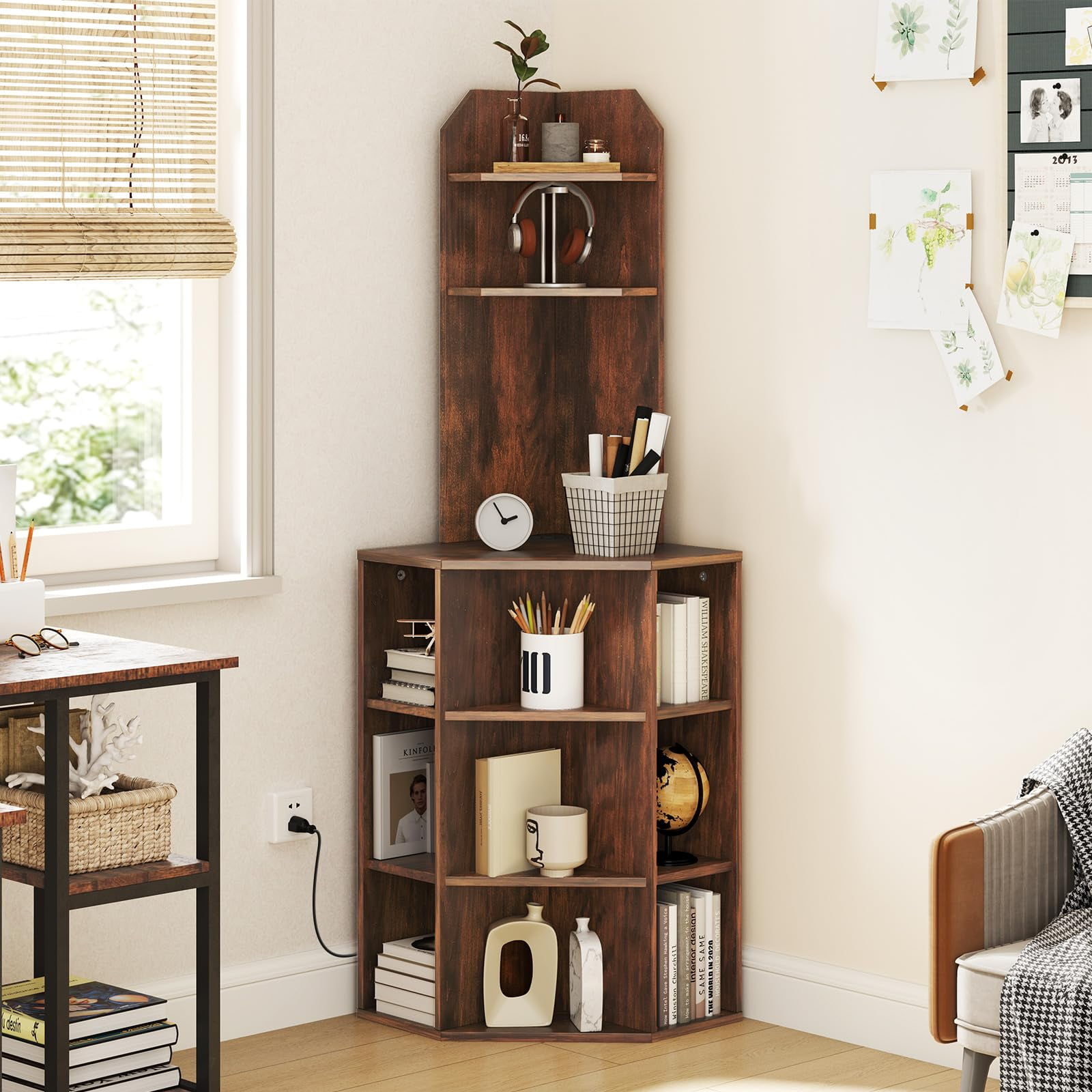 6-Tier Corner Shelf with Charging Station, 63" Tall Corner Bookshelf ...