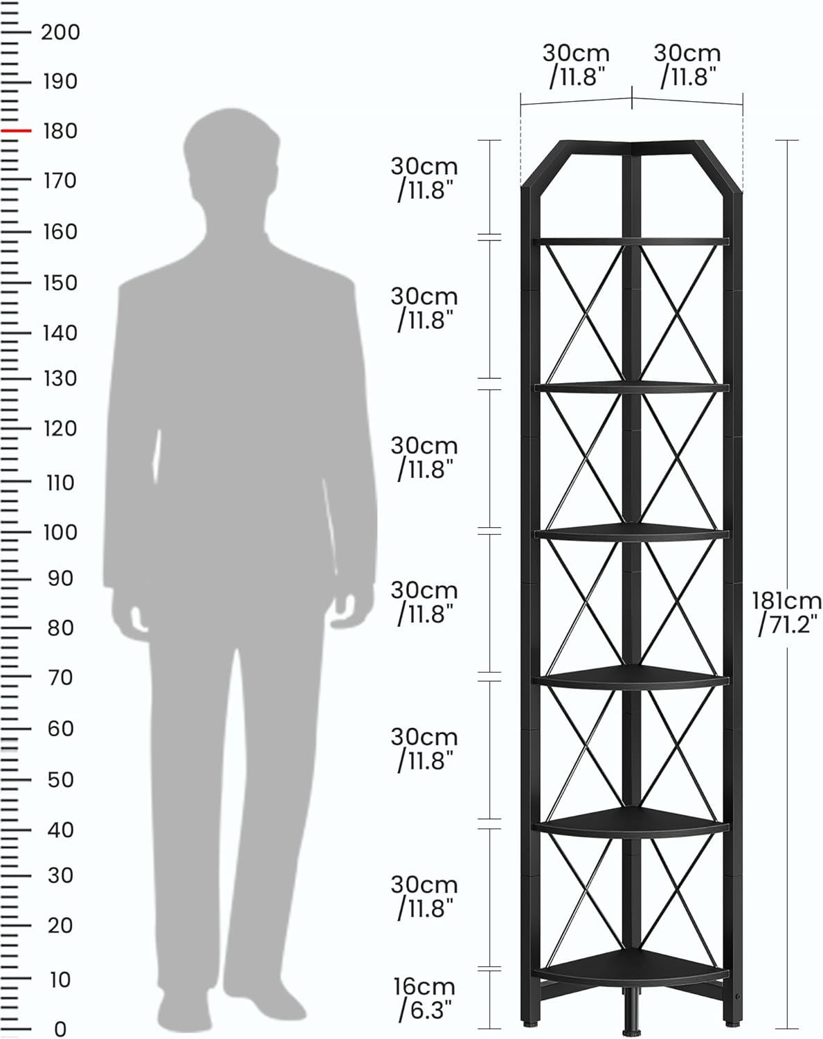 6-Tier Corner Shelf, Industrial Corner Bookshelf, 71.2" Display Storage ...