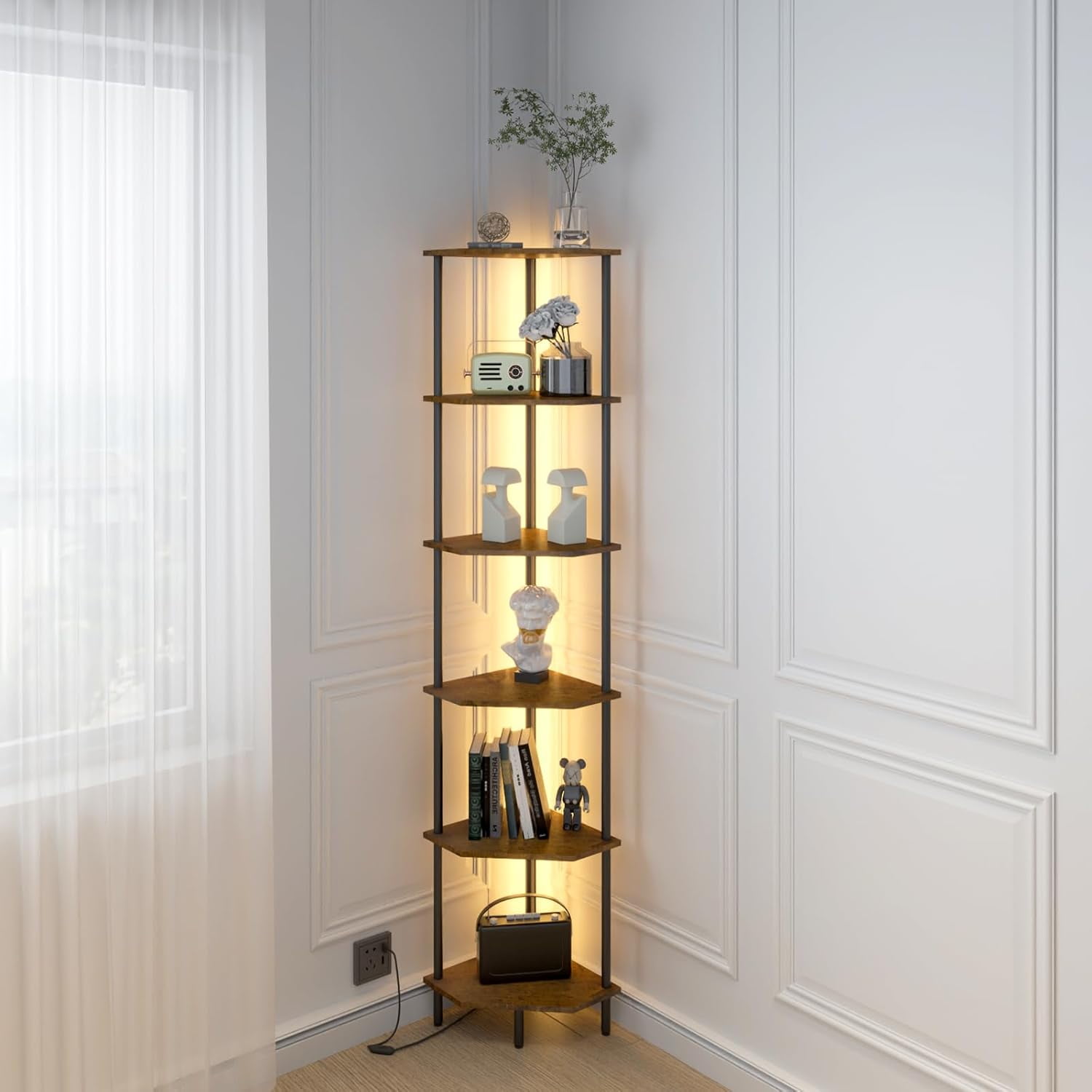 6 Tier Corner Shelf with LED Light,65.3” Tall Corner Wall Shelf ...