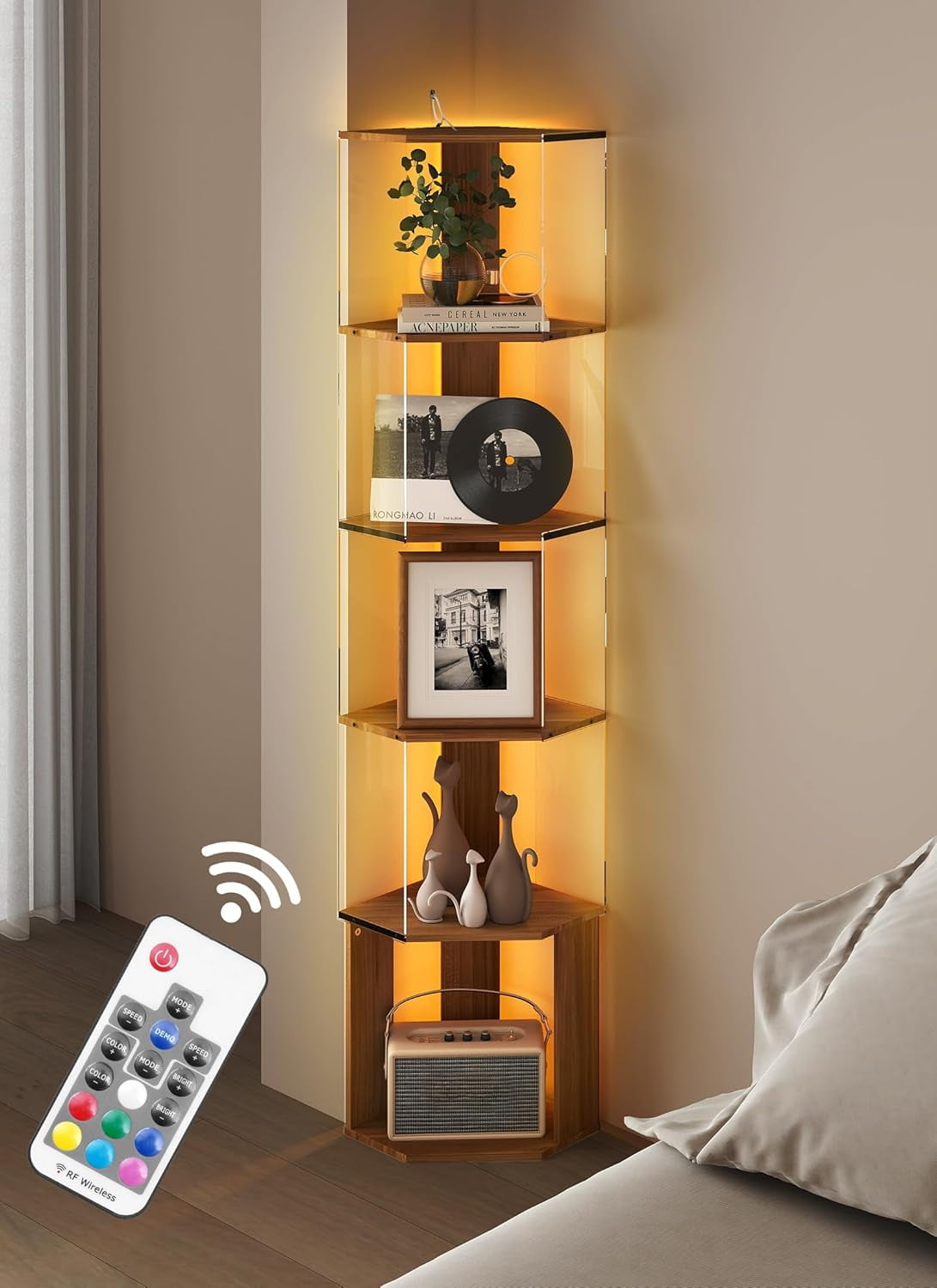 6 Tier Corner Shelf with LED Light, Corner Display Cabinet 62.8” Tall ...