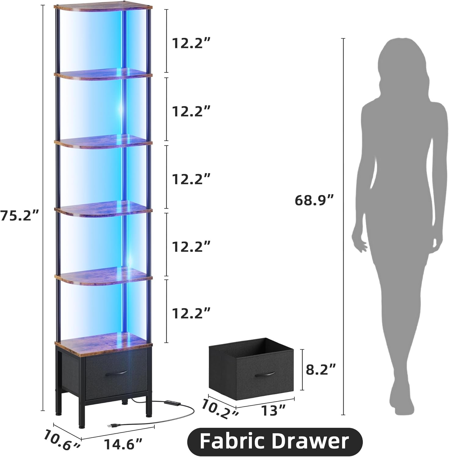 6-Tier Corner Shelf with LED Light & Fabric Drawer, 75" Tall Corner ...