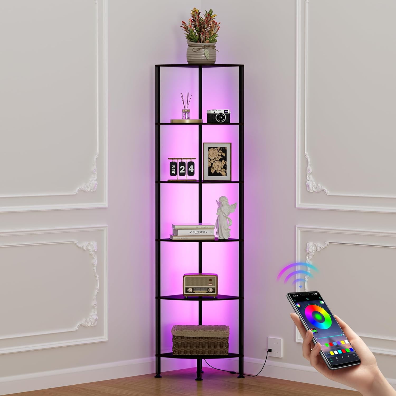 6-Tier Corner Shelf with Light, 69" Tall Corner Bookshelf with Storage ...