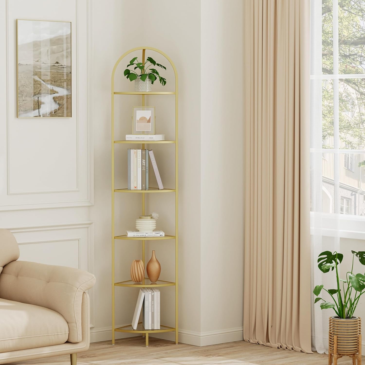 6-Tier Corner Shelf Stand, Metal Corner Bookshelf, Tempered Glass ...