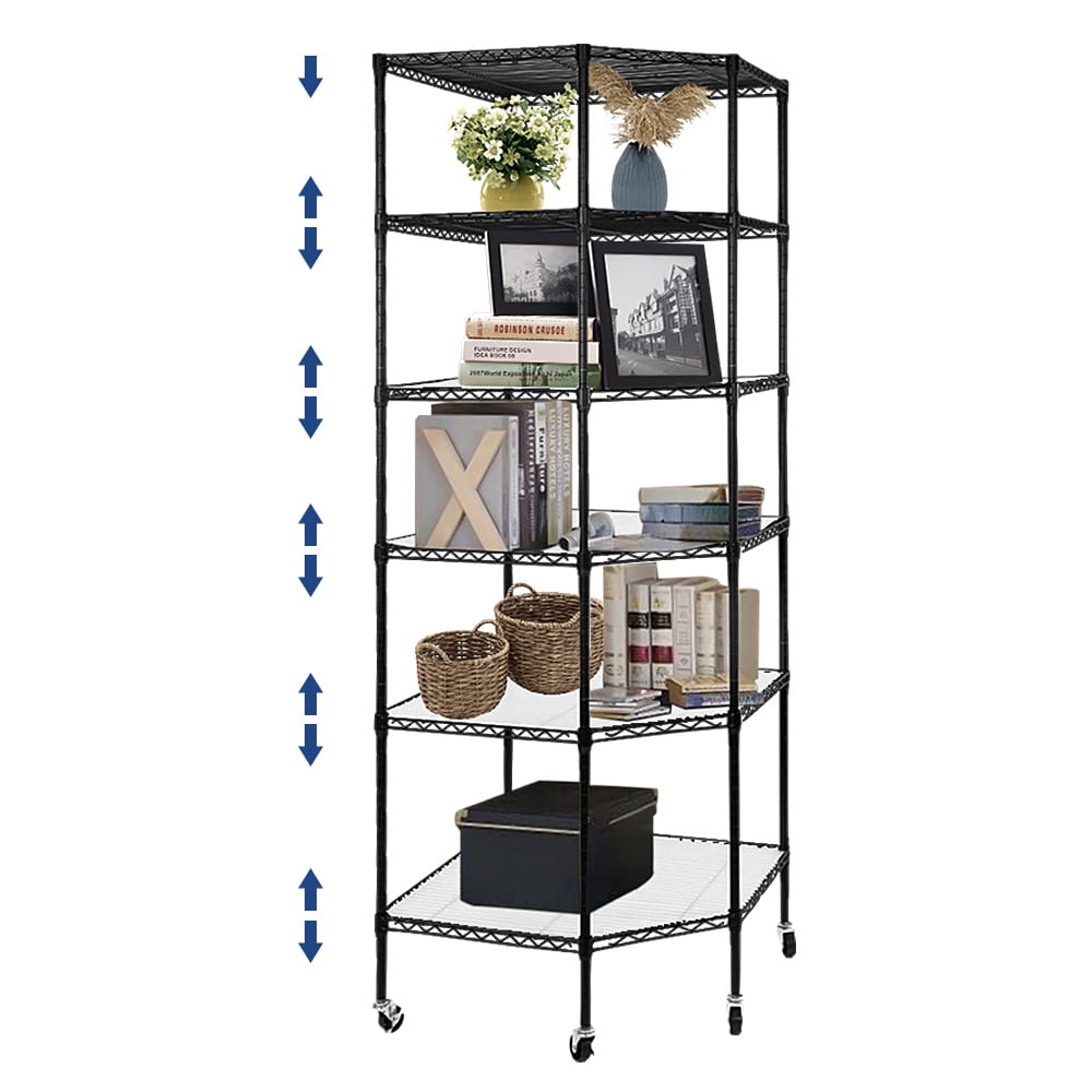 6 Tier Corner Wire Shelving Unit, Adjustable Wire Shelf with Wheels ...