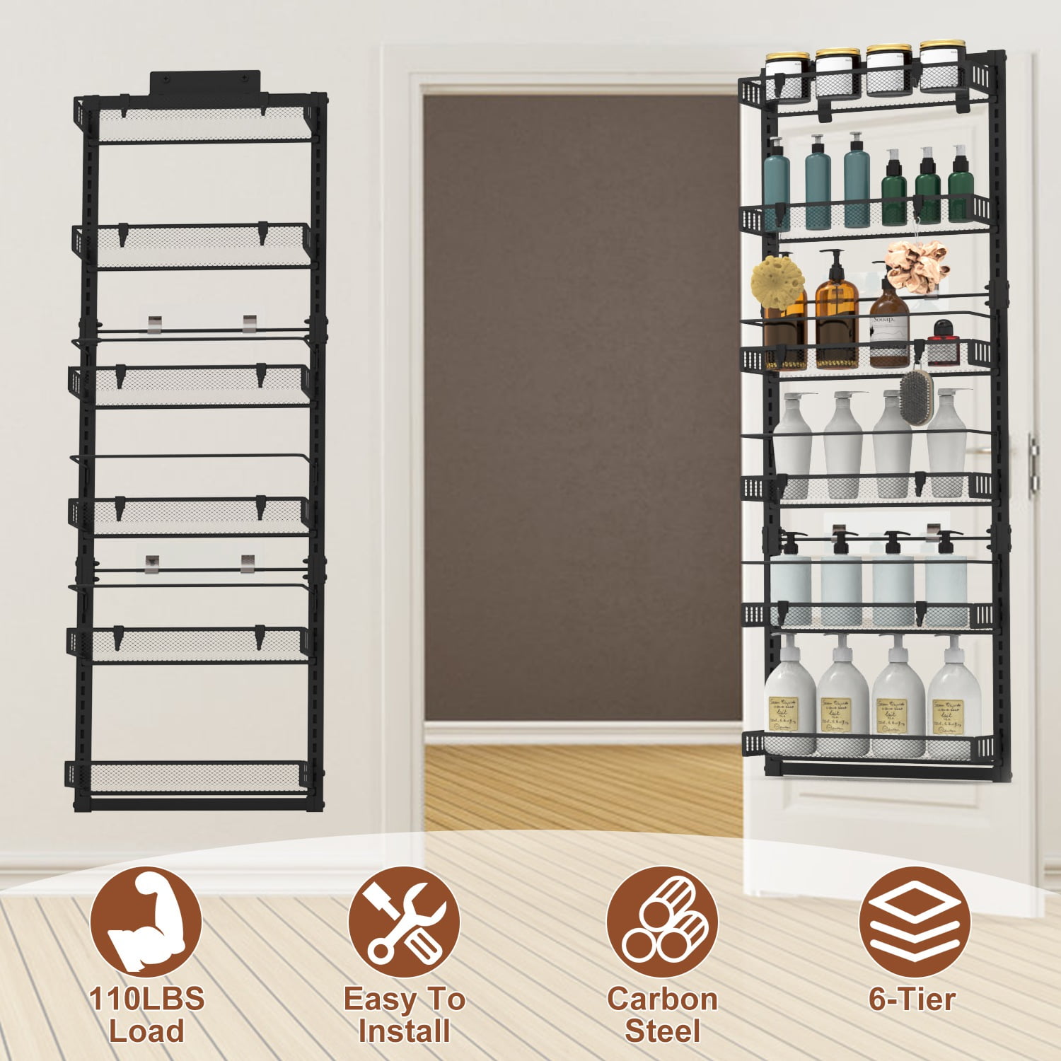 6-Tier Over the Door Pantry Organizer, Large Metal Door Spice Rack ...