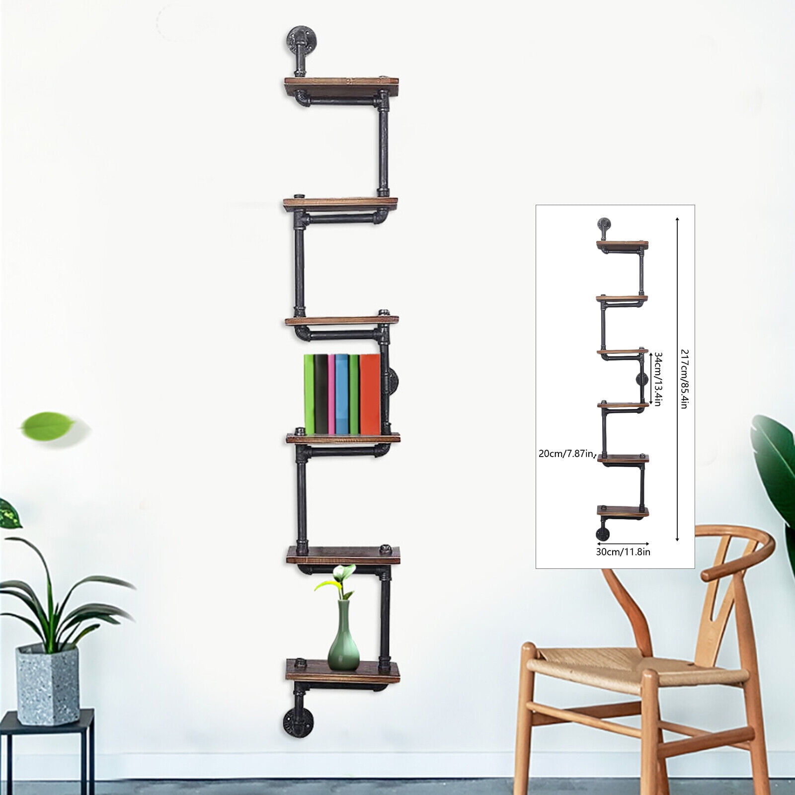 6-Tier Floating Shelves Pipe Shelf Industrial Bracket Rustic Iron Pipe ...