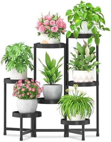 6 Tier Folding Plant Stand Indoor Outdoor with Plastic Tray, Tiered ...