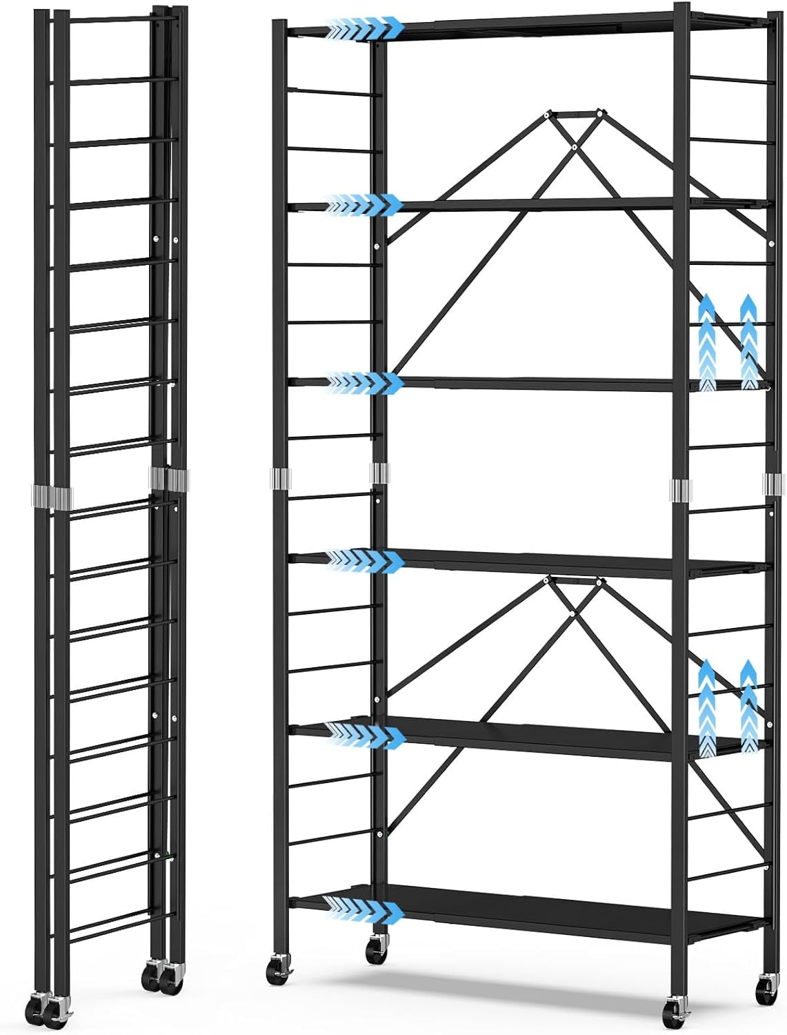 6 Tier Folding Shelf, Foldable Storage Shelves, Expandable Rolling ...