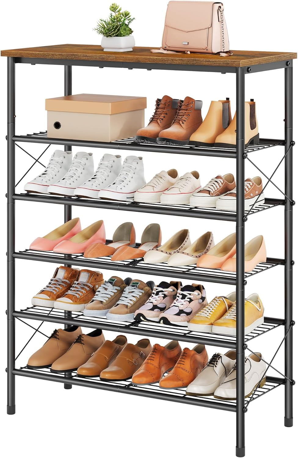 6 Tier Free Standing Shoe Rack for 20-24 Pairs, X Shape Fixed Frame ...