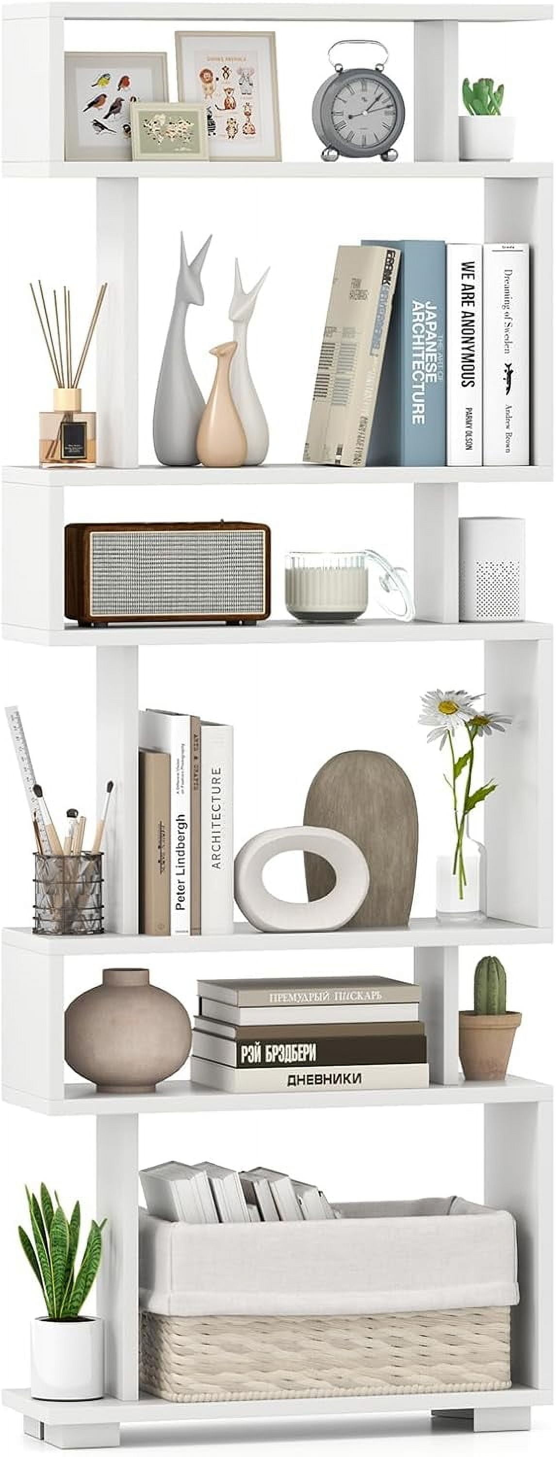 6-Tier Geometric Bookcase, 64" Tall S-Shaped Bookshelf with Anti-Tipping Kit, Wood Freestanding ...