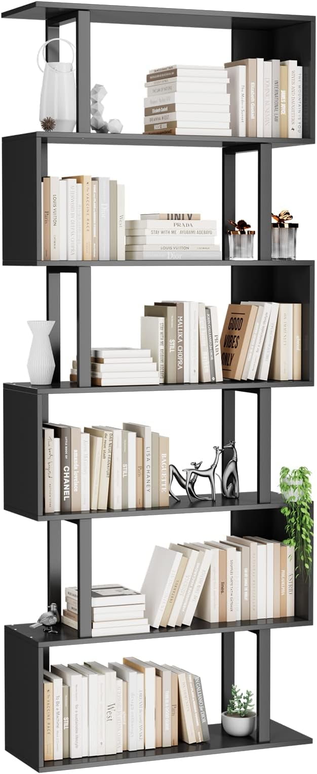 6 Tier Geometric Bookcase, Black Book Shelves, Modern Corner Bookcase ...