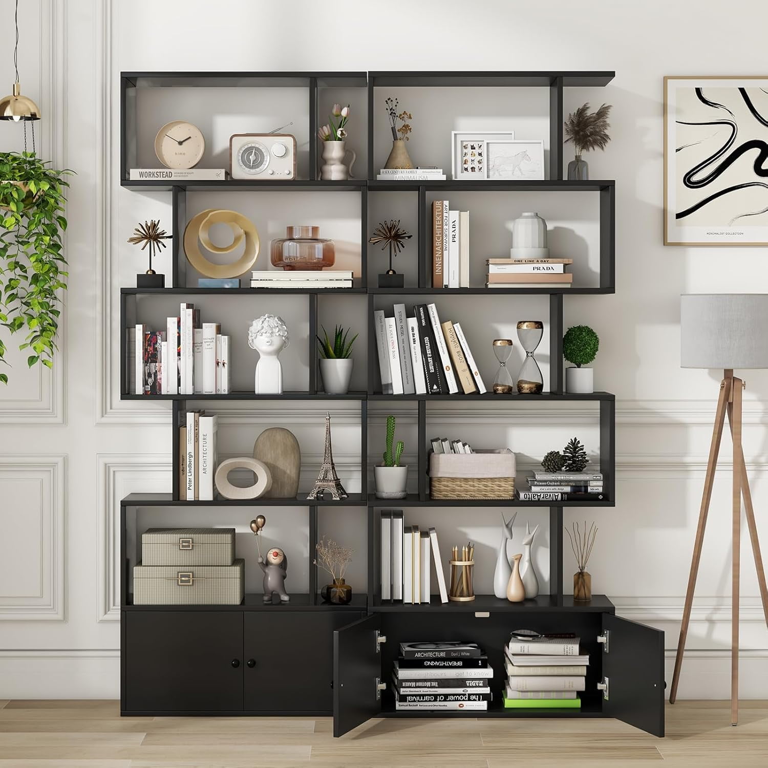 6-Tier Geometric Bookcase with Cabinet, 72 Inch Freestanding Room ...