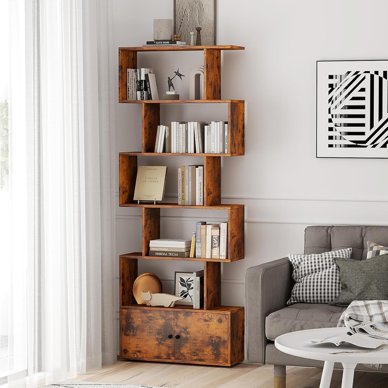 6-Tier Geometric Bookcase with Cabinet, 72 Inch Freestanding Room ...