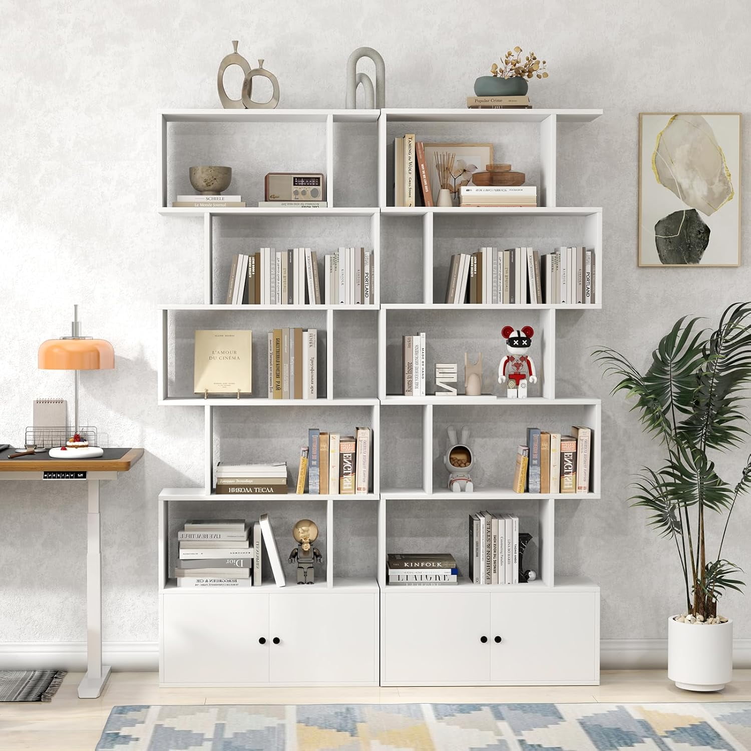 6-Tier Geometric Bookcase with Cabinet, 72 Inch Freestanding Room ...