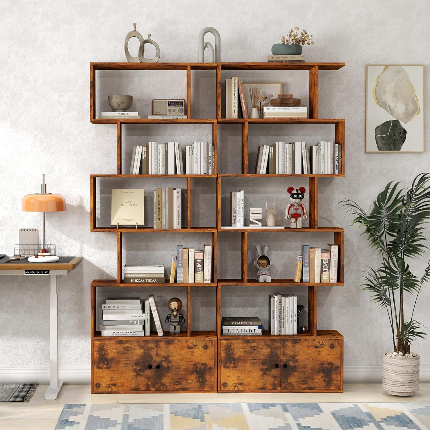 6-Tier Geometric Bookcase with Cabinet, 72 Inch Freestanding Room ...