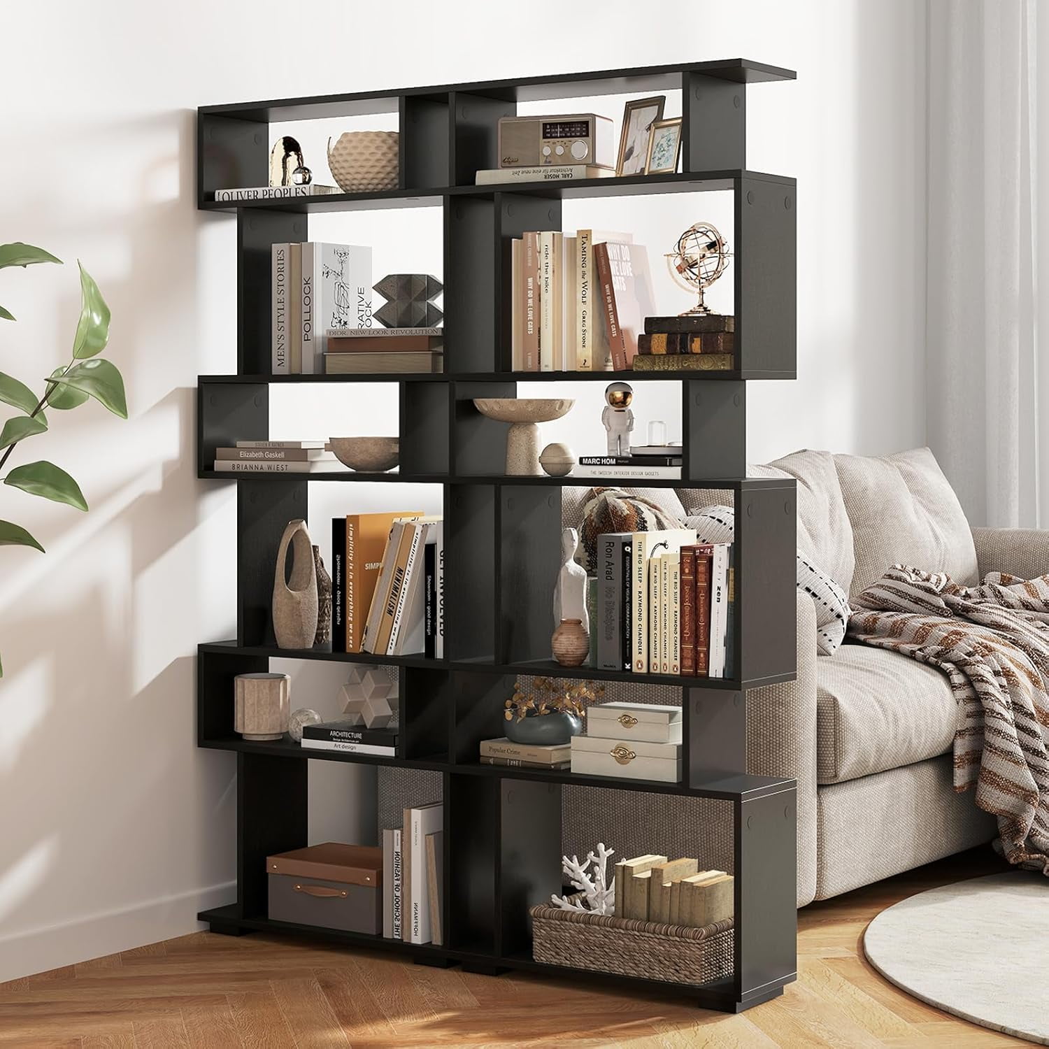 6 Tier Geometric Bookcase, Modern Room Divider and Display Shelf, S ...