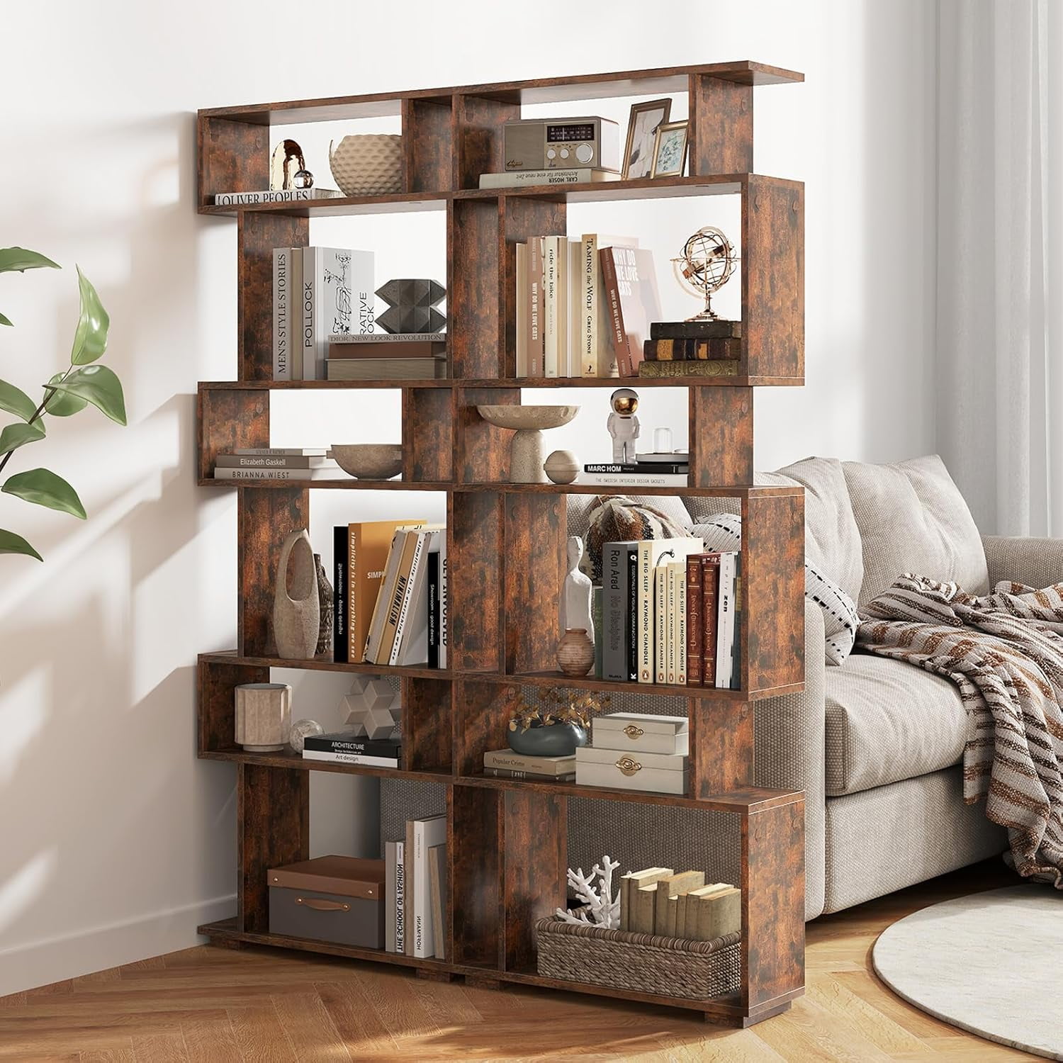 6 Tier Geometric Bookcase, Modern Room Divider and Display Shelf, S ...
