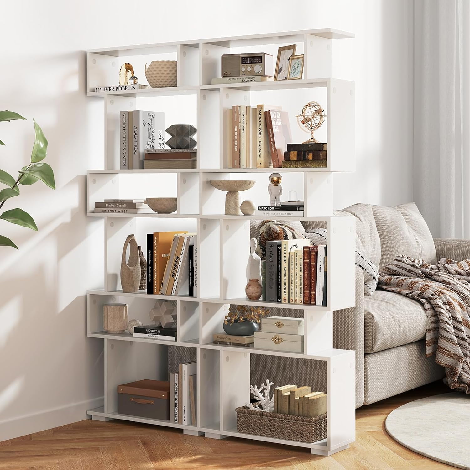 6 Tier Geometric Bookcase, Modern Room Divider and Display Shelf, S ...