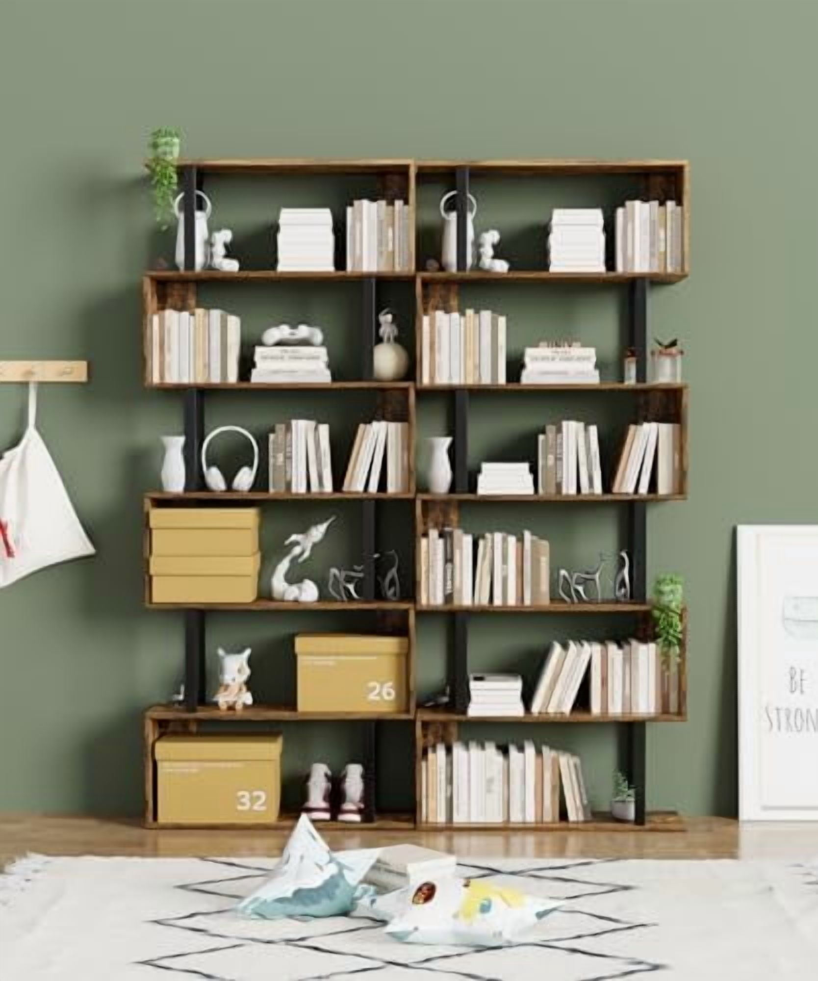 6 Tier Geometric Bookcase,S Shaped Bookshelf, Wood Decorative Storage ...