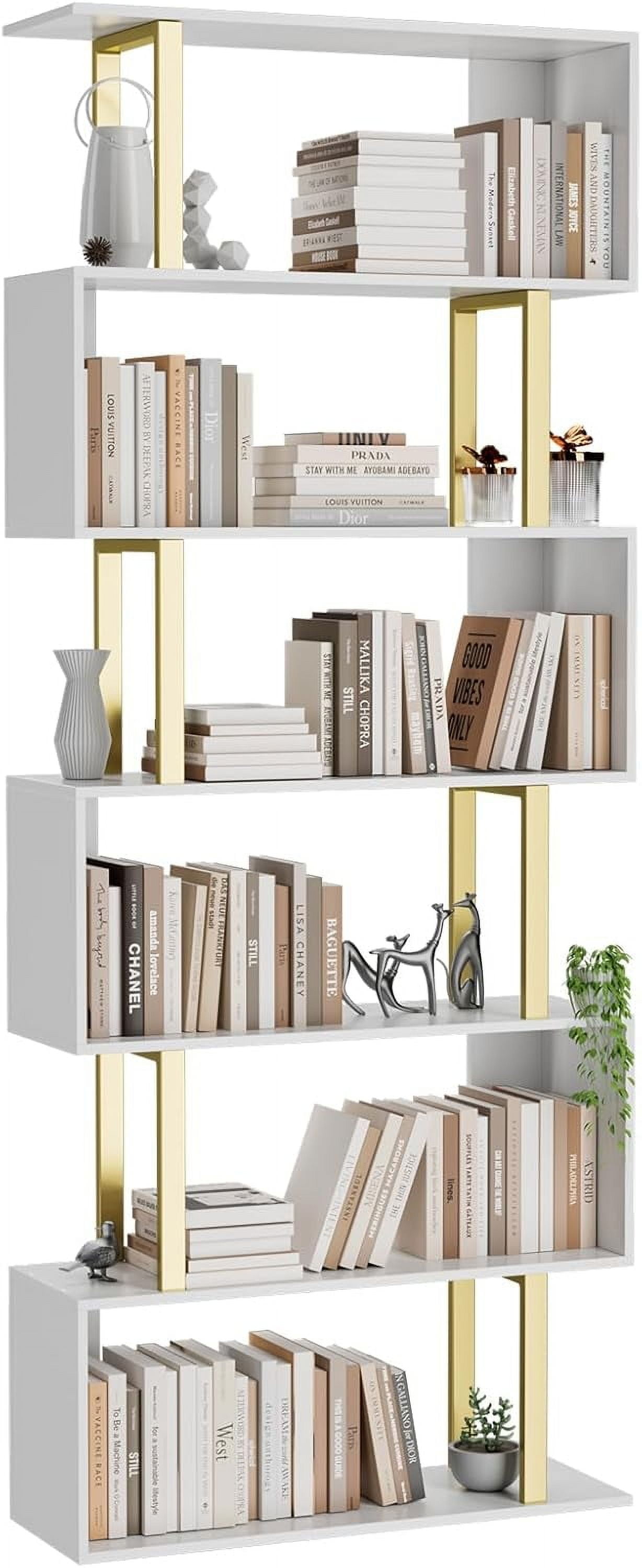6 Tier Geometric Bookcase,S Shaped Bookshelf, Wood Decorative Storage ...