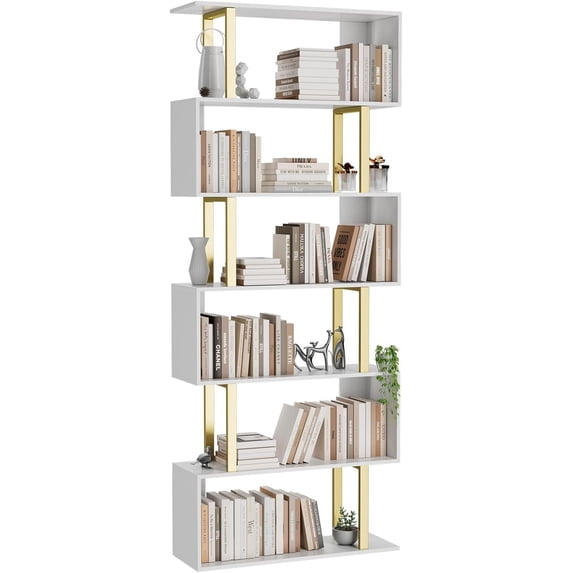 6 Tier Geometric Bookcase,S Shaped Bookshelf, Wood Decorative Storage ...