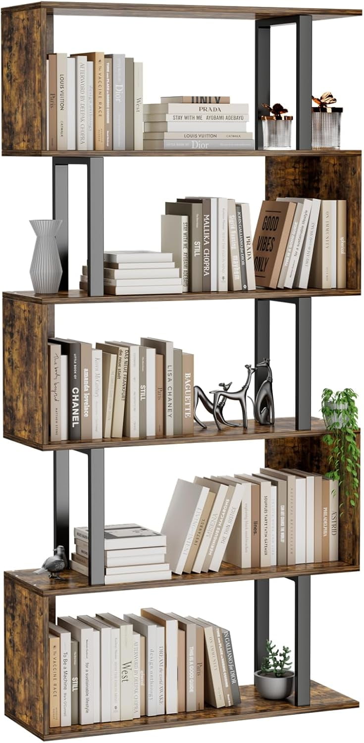 6 Tier Geometric Bookcase,S Shaped Bookshelf, Wood Decorative Storage ...