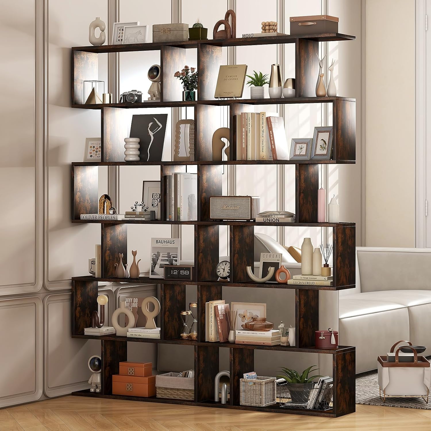 6 Tier Geometric Bookshelf, Book Shelf Room Divider, S-Shaped Modern ...