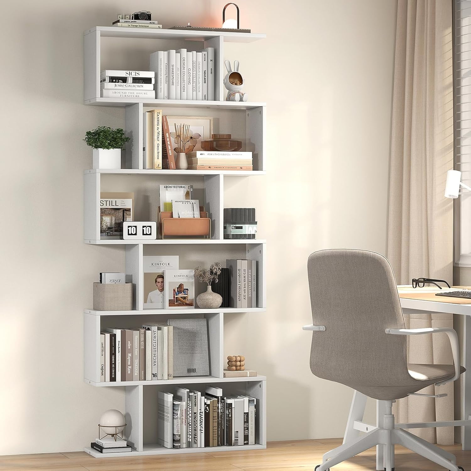 6 Tier Geometric Bookshelf, Book Shelf Room Divider, S-Shaped Modern ...