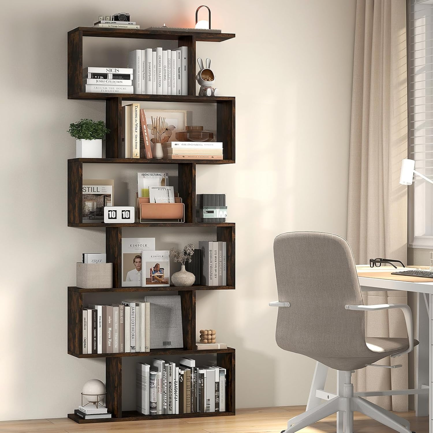 6 Tier Geometric Bookshelf, Book Shelf Room Divider, S-Shaped Modern ...