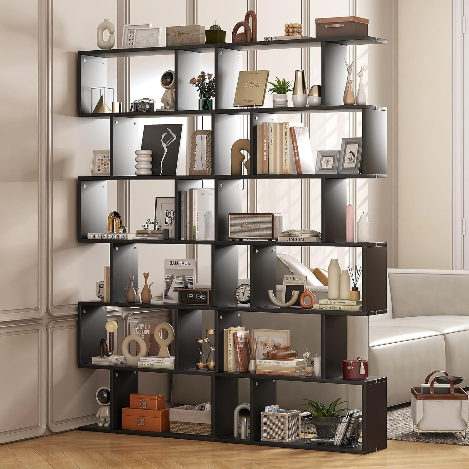 6-Tier Geometric Bookshelf, S-Shaped Book Shelf, Freestanding Room ...