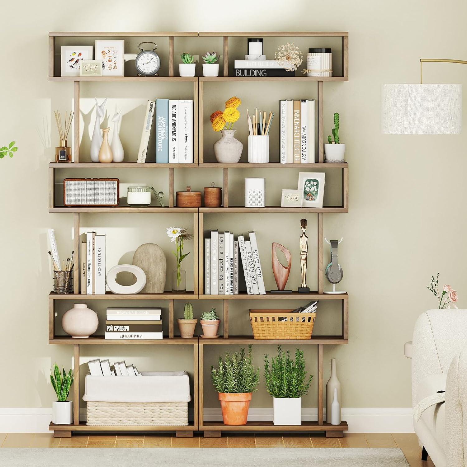 6 Tier Geometric Bookshelf, S Shaped Bookshelf with Anti-toppling Kits ...