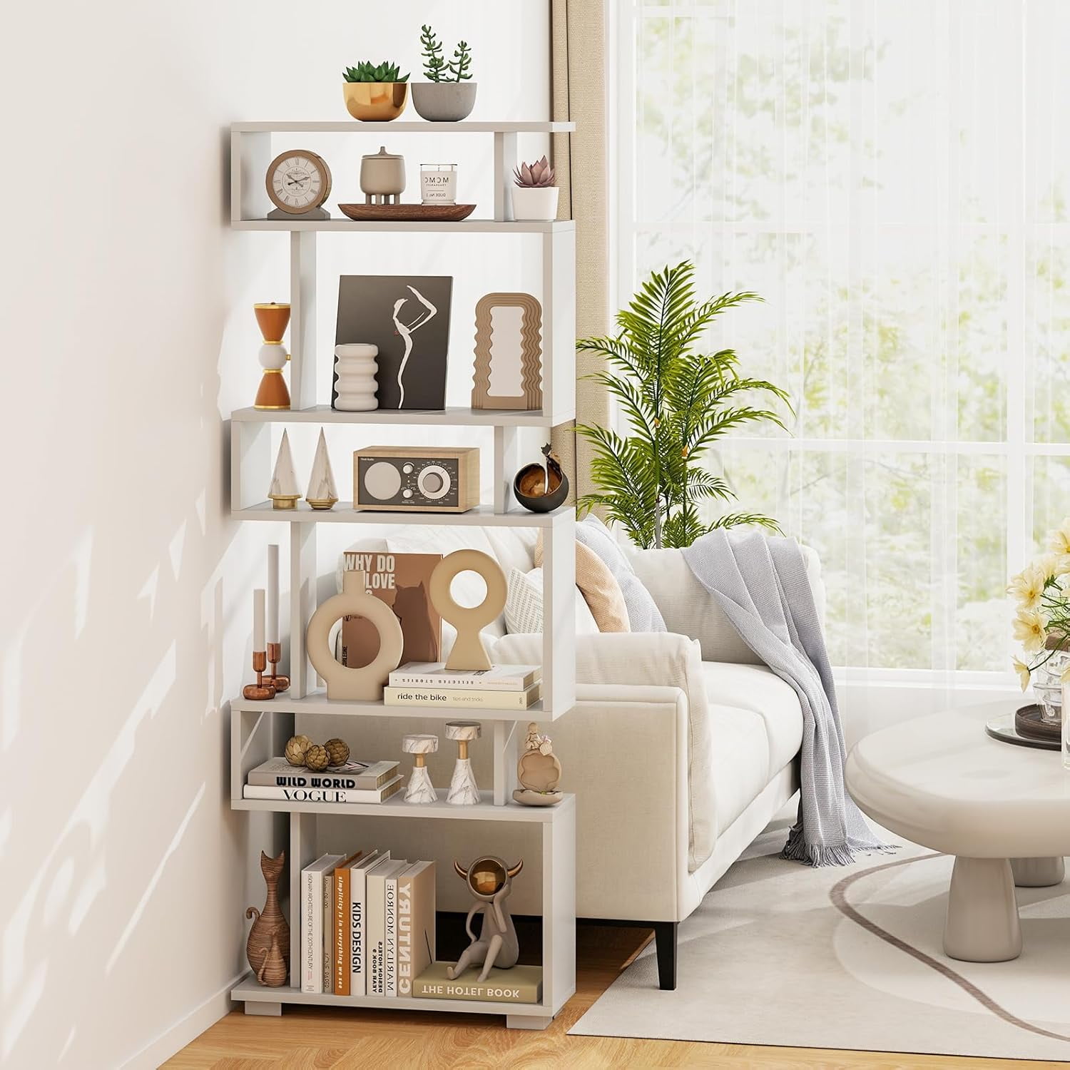 6 Tier Geometric Bookshelf, S Shaped Bookshelf with Anti-toppling Kits ...