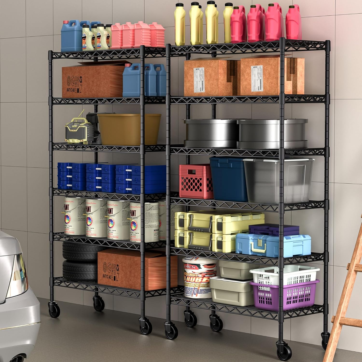 6 Tier Heavy Duty Garage Storage Rack with Wheels,Adjustable Wall ...