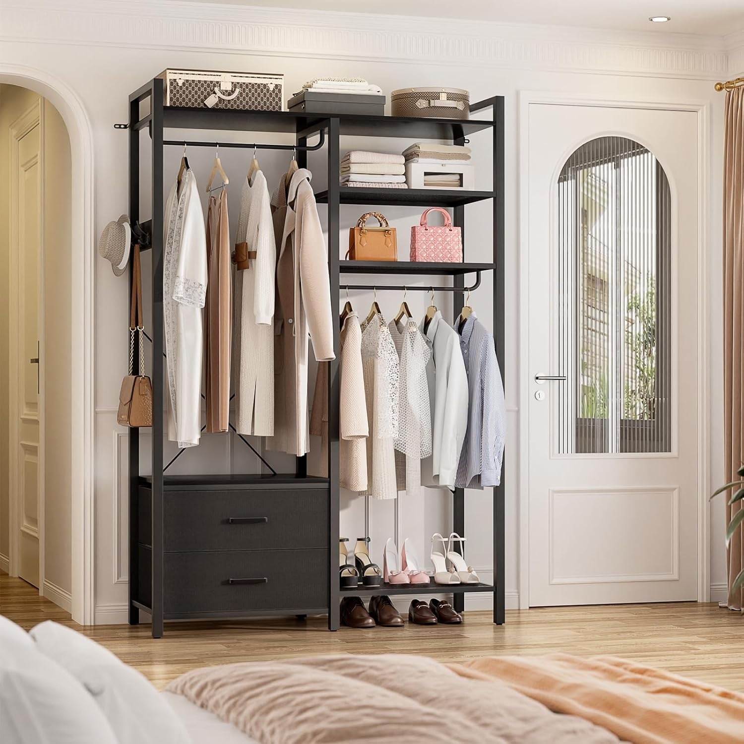 6-Tier Heavy Duty Reversible Clothes Rack with Shelves & 2 Drawers ...