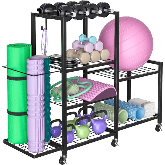 6-Tier Home Gym Storage Rack with Wheels, Dumbbell Rack, Yoga Mat ...